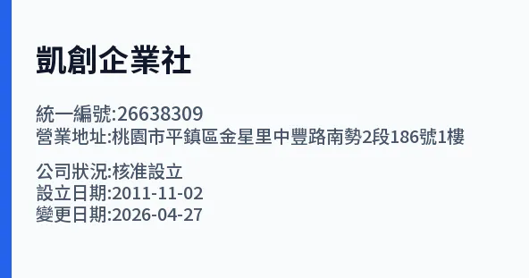 凱創企業社的照片-統編 26638309(桃園市) 公司登記資料與營業項目詳細圖表