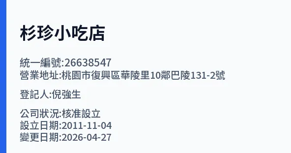 杉珍小吃店的照片-統編 26638547(桃園市) 公司登記資料與營業項目詳細圖表