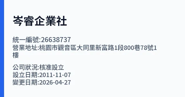 岑睿企業社的照片-統編 26638737(桃園市) 公司登記資料與營業項目詳細圖表