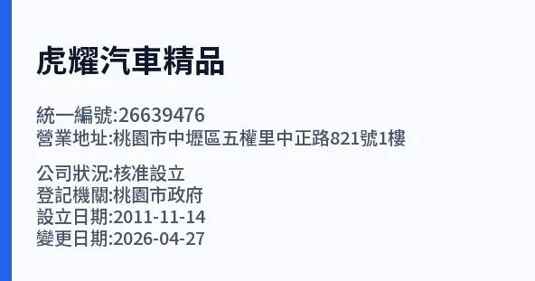 虎耀汽車精品的照片-統編 26639476(桃園市) 公司登記資料與營業項目詳細圖表