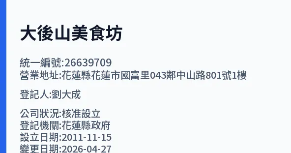 大後山美食坊的照片-統編 26639709(花蓮縣) 公司登記資料與營業項目詳細圖表