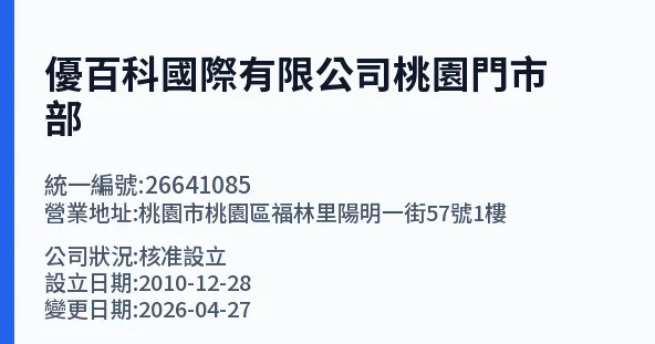 優百科國際有限公司桃園門市部的照片-統編 26641085(桃園市) 公司登記資料與營業項目詳細圖表