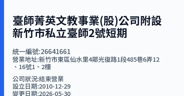臺師菁英文教事業(股)公司附設新竹市私立臺師2號短期的照片-統編 26641661(新竹市) 公司登記資料與營業項目詳細圖表