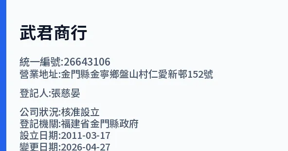武君商行的照片-統編 26643106(金門縣) 公司登記資料與營業項目詳細圖表