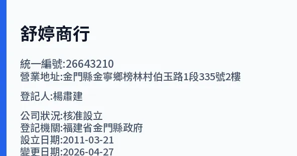 舒婷商行的照片-統編 26643210(金門縣) 公司登記資料與營業項目詳細圖表