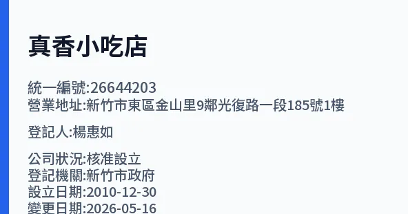 真香小吃店的照片-統編 26644203(新竹市) 公司登記資料與營業項目詳細圖表