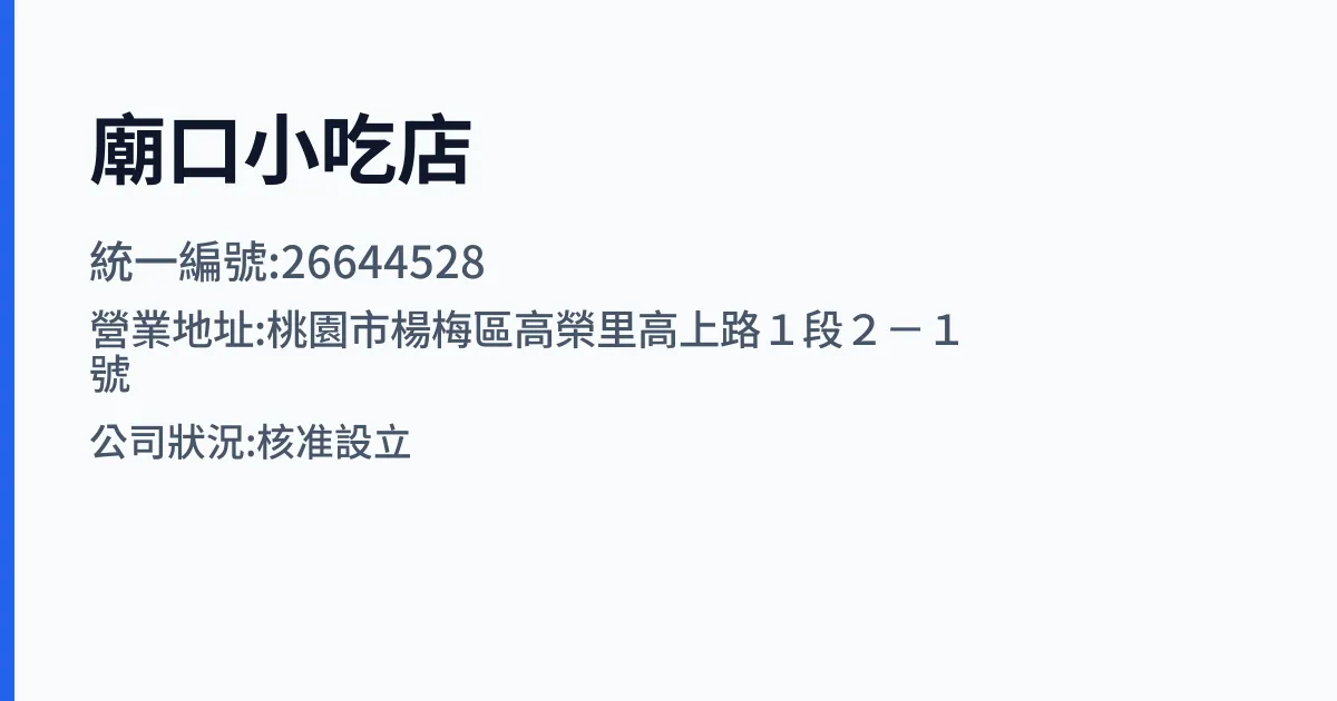 廟口小吃店 - 統編 26644528(桃園市) 公司登記資料與營業項目詳細圖表