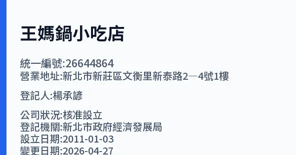 王媽鍋小吃店的照片-統編 26644864(新北市) 公司登記資料與營業項目詳細圖表