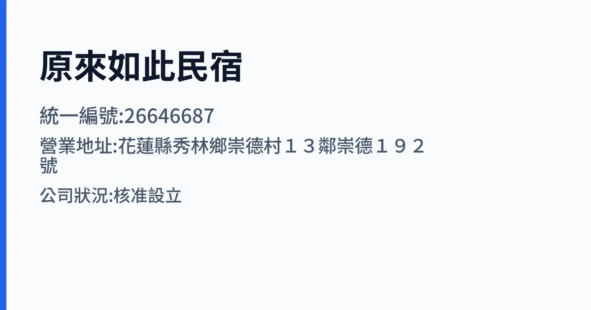 原來如此民宿 - 統編 26646687(花蓮縣) 公司登記資料與營業項目詳細圖表
