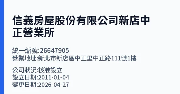 信義房屋股份有限公司新店中正營業所的照片-統編 26647905(新北市) 公司登記資料與營業項目詳細圖表