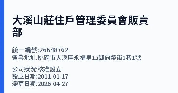 大溪山莊住戶管理委員會販賣部的照片-統編 26648762(桃園市) 公司登記資料與營業項目詳細圖表