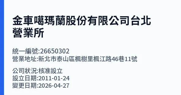 金車噶瑪蘭股份有限公司台北營業所的照片-統編 26650302(新北市) 公司登記資料與營業項目詳細圖表