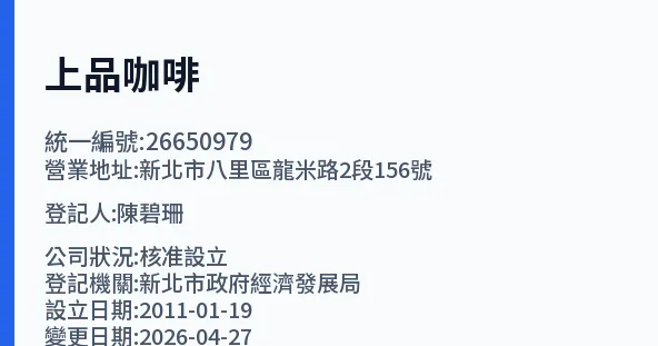 上品咖啡的照片-統編 26650979(新北市) 公司登記資料與營業項目詳細圖表