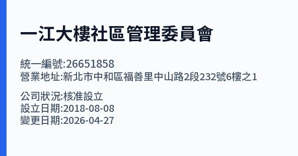 一江大樓社區管理委員會的照片-統編 26651858(新北市) 公司登記資料與營業項目詳細圖表
