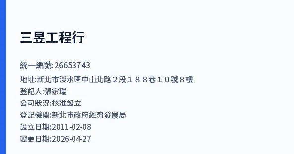 三昱工程行的照片-統編 26653743(新北市) 公司登記資料與營業項目詳細圖表