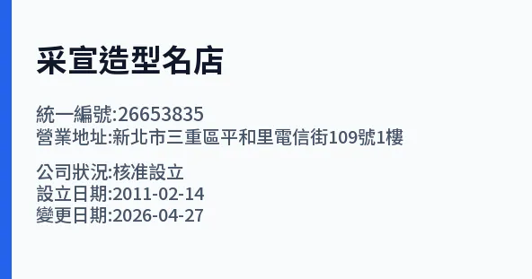 采宣造型名店的照片-統編 26653835(新北市) 公司登記資料與營業項目詳細圖表