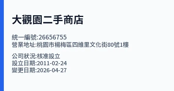 大觀園二手商店的照片-統編 26656755(桃園市) 公司登記資料與營業項目詳細圖表