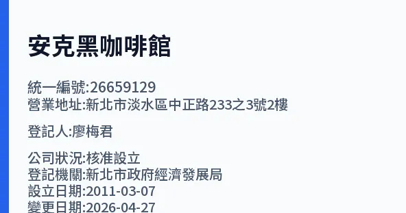 安克黑咖啡館的照片-統編 26659129(新北市) 公司登記資料與營業項目詳細圖表
