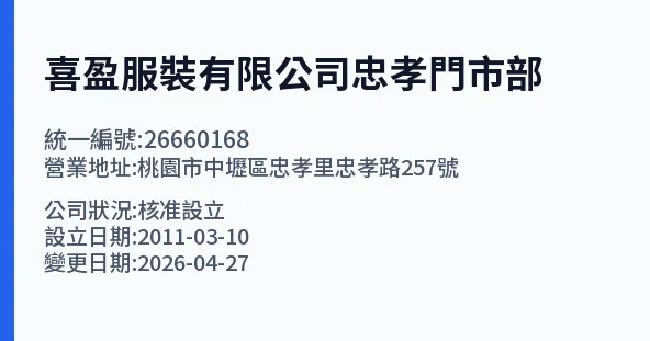 喜盈服裝有限公司忠孝門市部的照片-統編 26660168(桃園市) 公司登記資料與營業項目詳細圖表