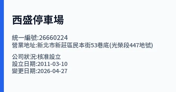 西盛停車場的照片-統編 26660224(新北市) 公司登記資料與營業項目詳細圖表