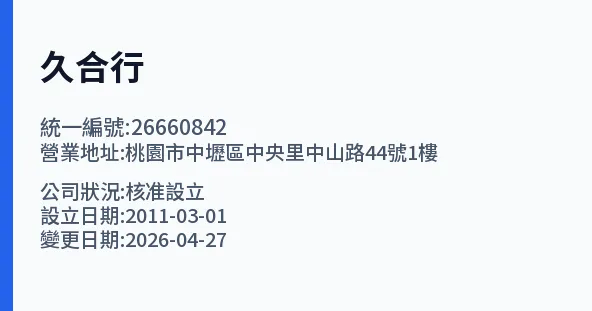 久合行的照片-統編 26660842(桃園市) 公司登記資料與營業項目詳細圖表