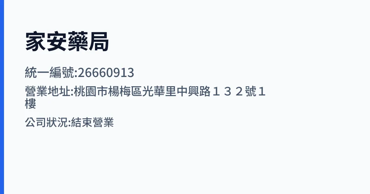 家安藥局 - 統編 26660913(桃園市) 公司登記資料與營業項目詳細圖表