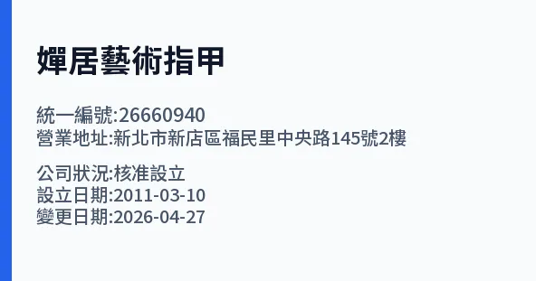 嬋居藝術指甲的照片-統編 26660940(新北市) 公司登記資料與營業項目詳細圖表