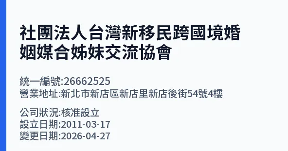 社團法人台灣新移民跨國境婚姻媒合姊妹交流協會的照片-統編 26662525(新北市) 公司登記資料與營業項目詳細圖表