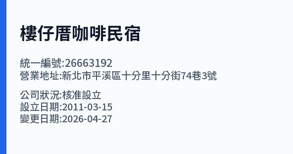 樓仔厝咖啡民宿的照片-統編 26663192(新北市) 公司登記資料與營業項目詳細圖表