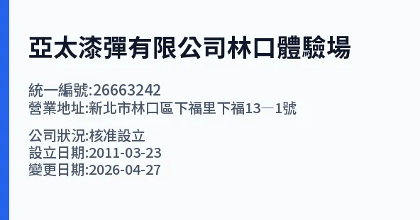亞太漆彈有限公司林口體驗場的照片-統編 26663242(新北市) 公司登記資料與營業項目詳細圖表