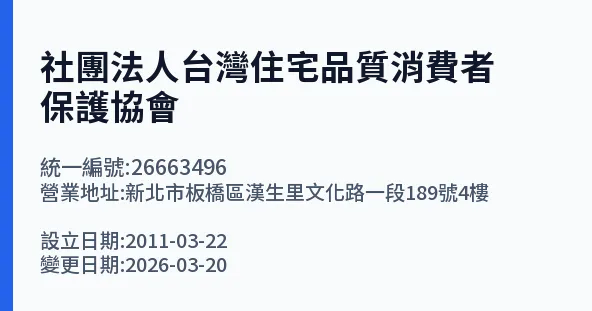 社團法人台灣住宅品質消費者保護協會的照片-統編 26663496(新北市) 公司登記資料與營業項目詳細圖表