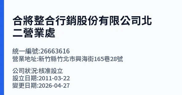 合將整合行銷股份有限公司北二營業處的照片-統編 26663616(新竹縣) 公司登記資料與營業項目詳細圖表
