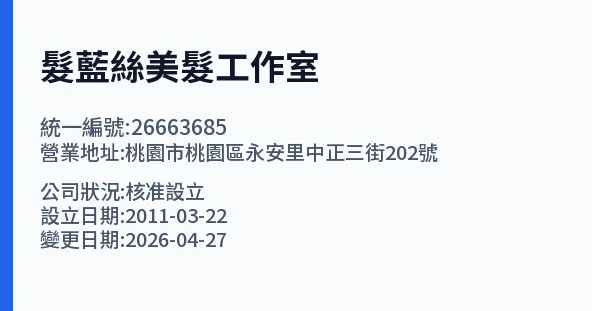 髮藍絲美髮工作室的照片-統編 26663685(桃園市) 公司登記資料與營業項目詳細圖表