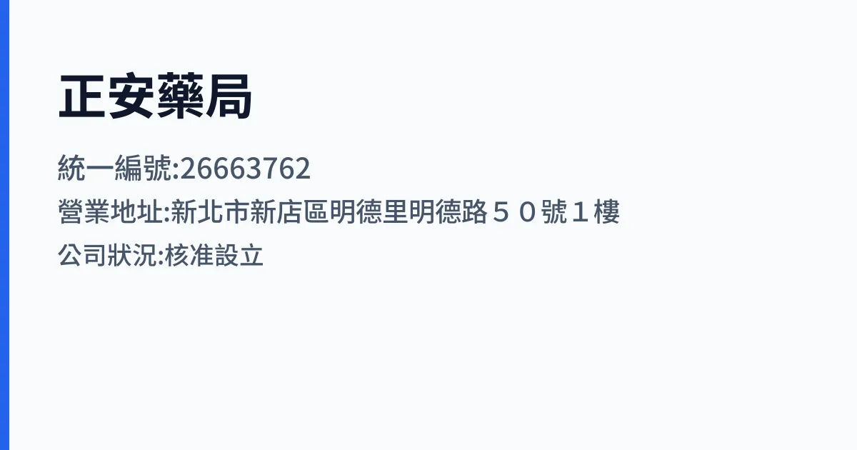 正安藥局 - 統編 26663762(新北市) 公司登記資料與營業項目詳細圖表