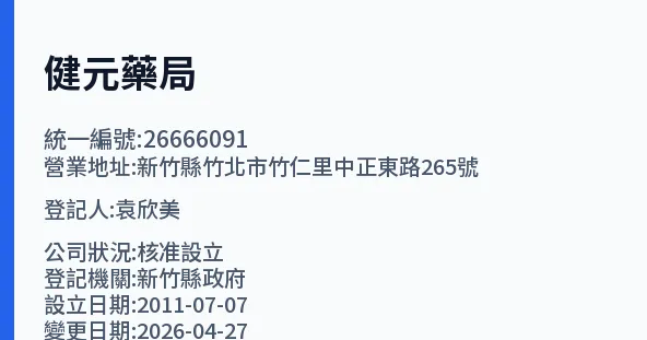 健元藥局的照片-統編 26666091(新竹縣) 公司登記資料與營業項目詳細圖表