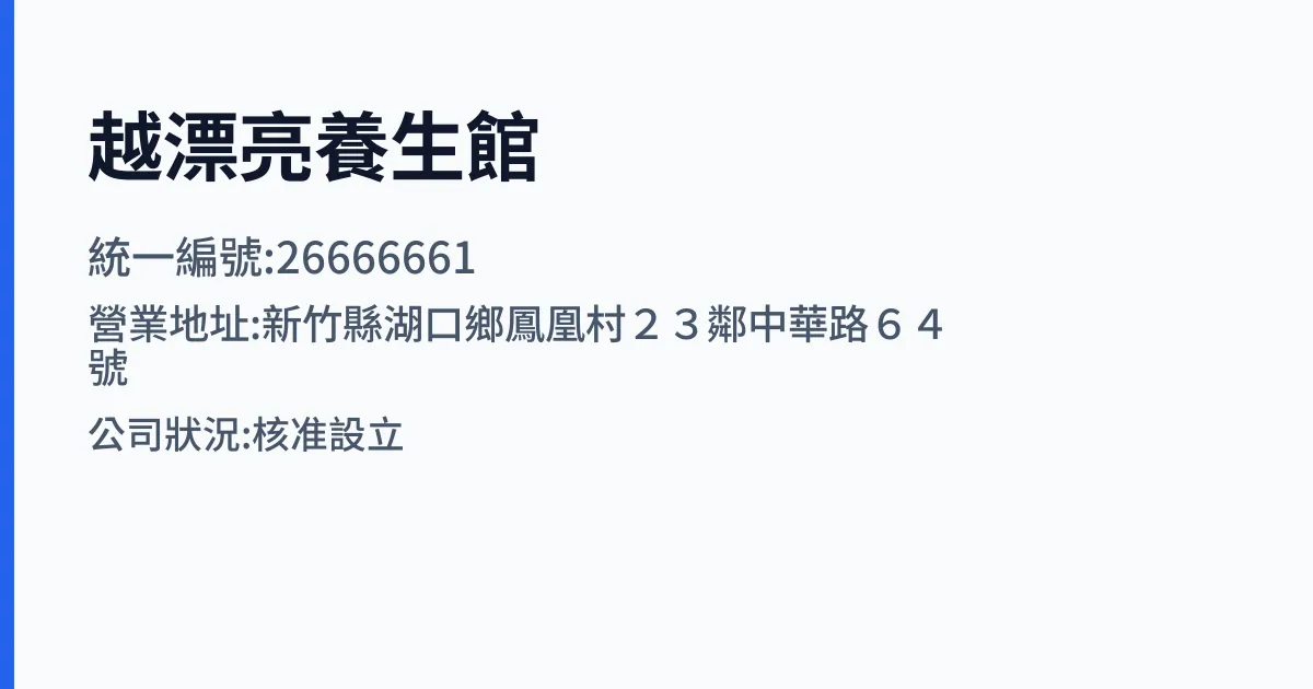 越漂亮養生館 - 統編 26666661(新竹縣) 公司登記資料與營業項目詳細圖表