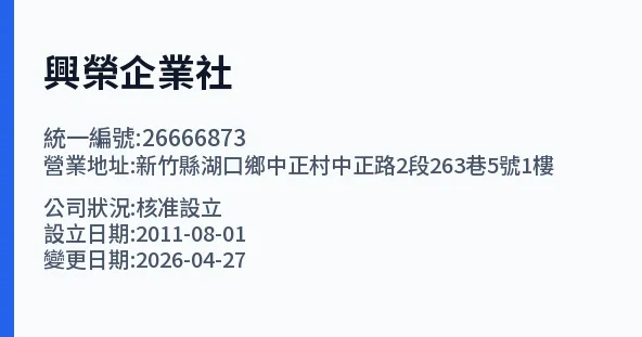 興榮企業社的照片-統編 26666873(新竹縣) 公司登記資料與營業項目詳細圖表