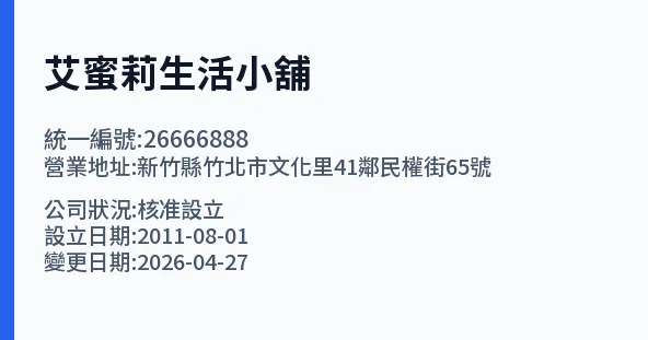 艾蜜莉生活小舖的照片-統編 26666888(新竹縣) 公司登記資料與營業項目詳細圖表