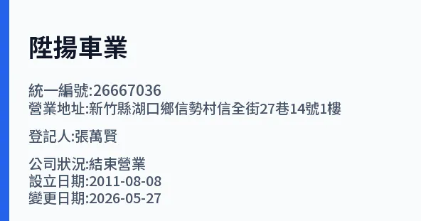 陞揚車業的照片-統編 26667036(新竹縣) 公司登記資料與營業項目詳細圖表