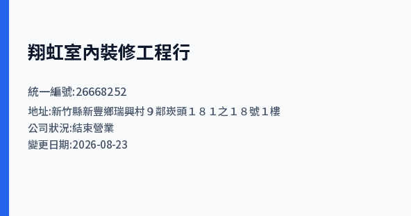 翔虹室內裝修工程行的照片-統編 26668252(新竹縣) 公司登記資料與營業項目詳細圖表