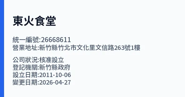 東火食堂的照片-統編 26668611(新竹縣) 公司登記資料與營業項目詳細圖表