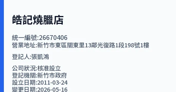 皓記燒臘店的照片-統編 26670406(新竹市) 公司登記資料與營業項目詳細圖表