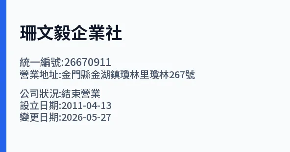 珊文毅企業社的照片-統編 26670911(金門縣) 公司登記資料與營業項目詳細圖表