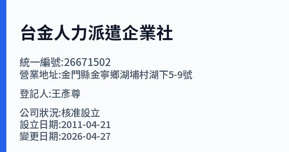台金人力派遣企業社的照片-統編 26671502(金門縣) 公司登記資料與營業項目詳細圖表