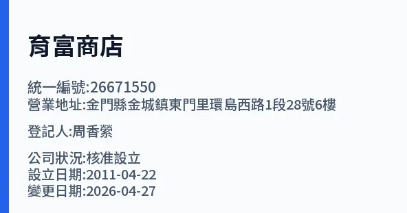 育富商店的照片-統編 26671550(金門縣) 公司登記資料與營業項目詳細圖表