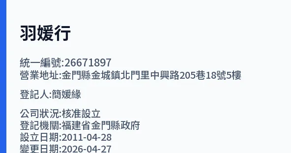 羽媛行的照片-統編 26671897(金門縣) 公司登記資料與營業項目詳細圖表