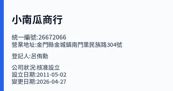 小南瓜商行的照片-統編 26672066(金門縣) 公司登記資料與營業項目詳細圖表