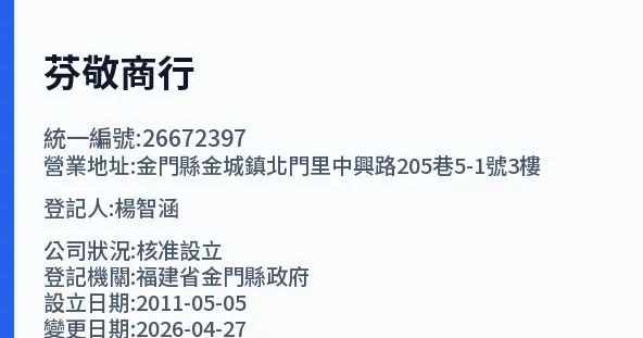 芬敬商行的照片-統編 26672397(金門縣) 公司登記資料與營業項目詳細圖表