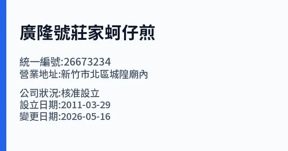 廣隆號莊家蚵仔煎的照片-統編 26673234(新竹市) 公司登記資料與營業項目詳細圖表
