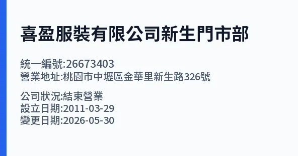 喜盈服裝有限公司新生門市部的照片-統編 26673403(桃園市) 公司登記資料與營業項目詳細圖表